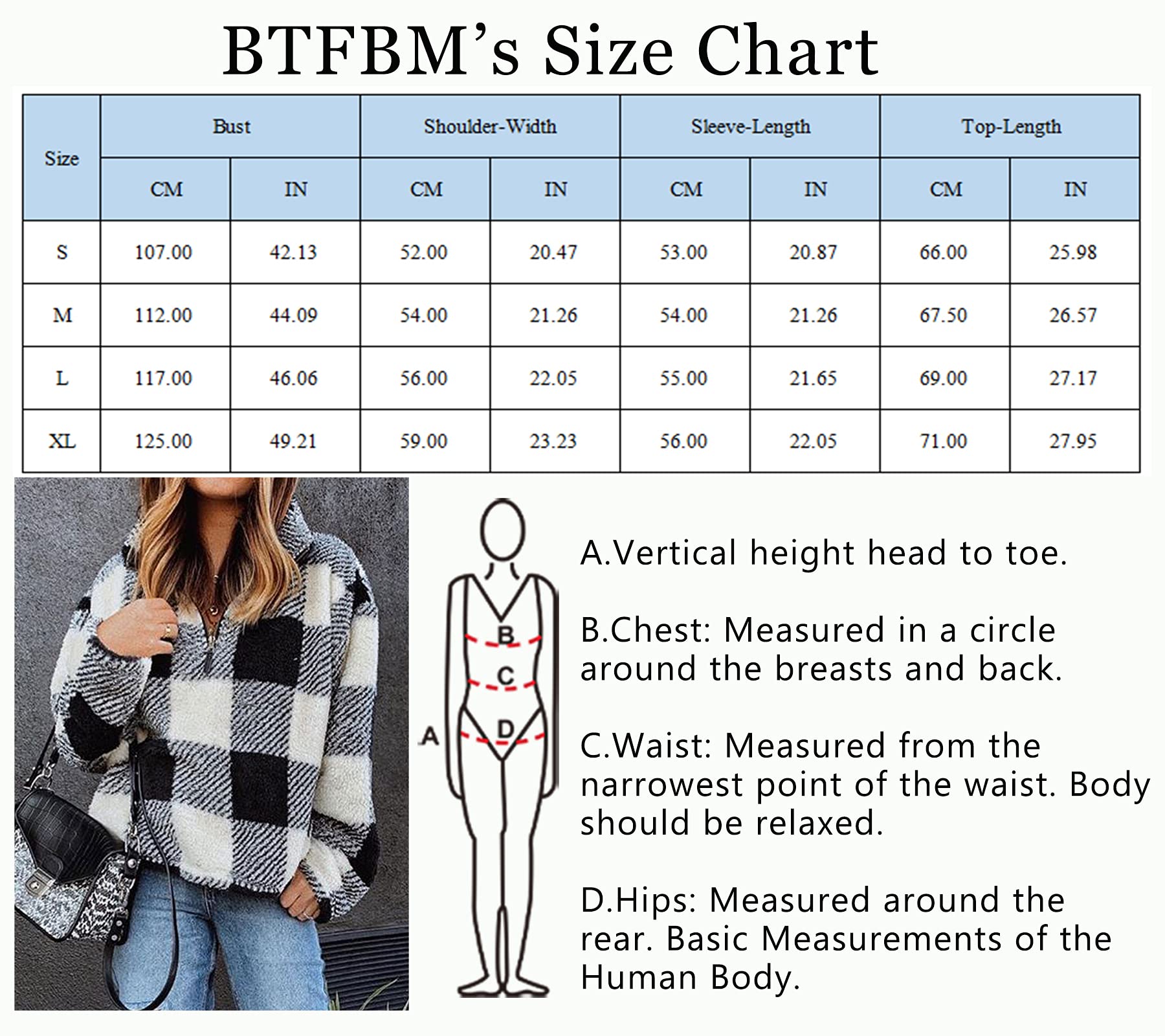 BTFBM Women Sherpa Pullover Quarter Zip Long Sleeve Fluffy Soft Fleece Jackets Sweaters Sweatshirts Hoodies Outwear Coat (Plaid Black, Medium)