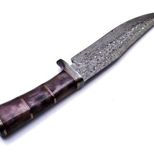 Nooraki BK-30 Handmade Damascus Steel Fixed Blade Bowie Knife with Leather Sheath, Multipurpose Knife with Camel Bone Brass Spicer Handle for Everyday Carry, Camping, Hunting, 12.5" Length