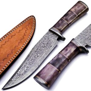 nooraki bk-30 handmade damascus steel fixed blade bowie knife with leather sheath, multipurpose knife with camel bone brass spicer handle for everyday carry, camping, hunting, 12.5" length