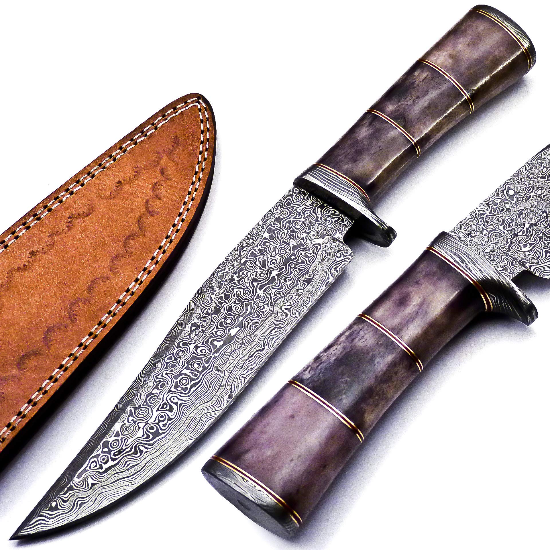 Nooraki BK-30 Handmade Damascus Steel Fixed Blade Bowie Knife with Leather Sheath, Multipurpose Knife with Camel Bone Brass Spicer Handle for Everyday Carry, Camping, Hunting, 12.5" Length