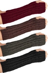 4 pairs knitted arm warmers gloves winter long fingerless gloves thumb hole gloves mittens for women and men (black, dark gray, wine red, coffee)