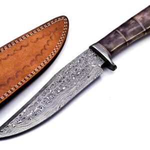 Nooraki BK-30 Handmade Damascus Steel Fixed Blade Bowie Knife with Leather Sheath, Multipurpose Knife with Camel Bone Brass Spicer Handle for Everyday Carry, Camping, Hunting, 12.5" Length