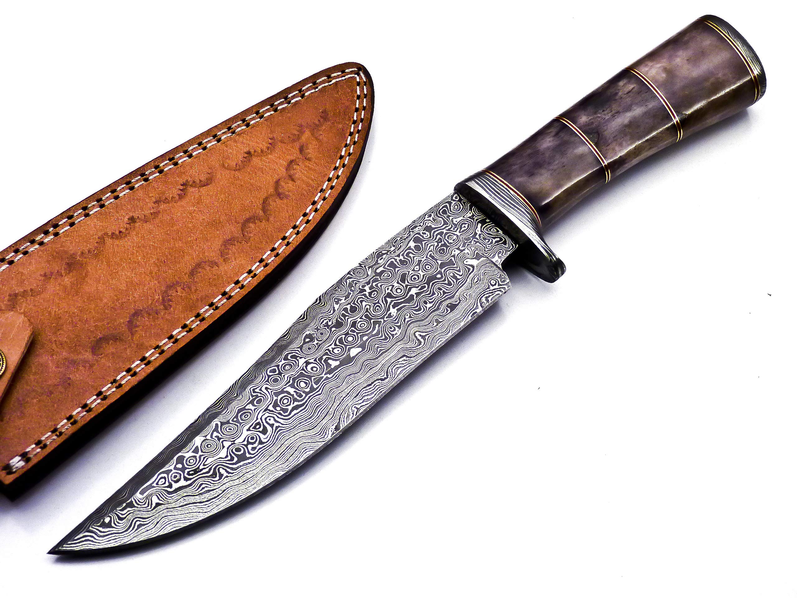 Nooraki BK-30 Handmade Damascus Steel Fixed Blade Bowie Knife with Leather Sheath, Multipurpose Knife with Camel Bone Brass Spicer Handle for Everyday Carry, Camping, Hunting, 12.5" Length