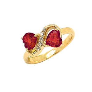 elegant 10k yellow gold double heart garnet and diamond infinity ring (size 10)