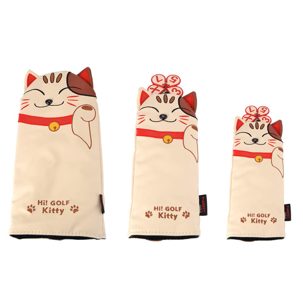 COOLSKY Golf Head Cover Lucky Cat for Driver Fairway Wood Hybrid Cartoon Animal Design Pattern Synthetic Leather Headcover Set (3PCS)