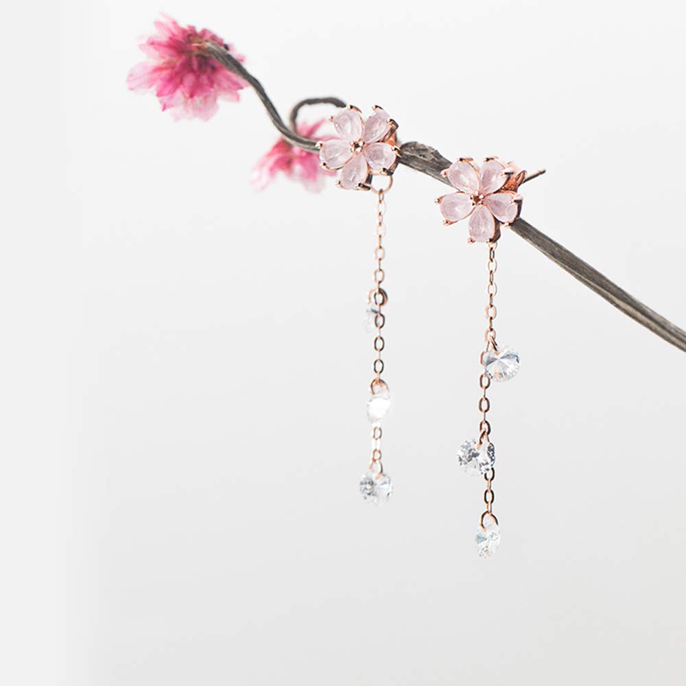 Dainty Cherry Blossoms Dangle Stud Earrings S925 Sterling Silver for Women Girls Rose Gold Pink Crystal CZ Diamond Dangling Charm Flower Leaf Threader Earring Ear Jackets Cute Jewelry Gifts Bridesmaid