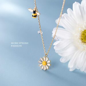 Honey Bee Daisy Flower Pendant Necklaces S925 Sterling Silver 18K Gold Plated for Women Dainty Dangling Diamond Crystal CZ Chokers Necklace Adjustable Chain Birthday