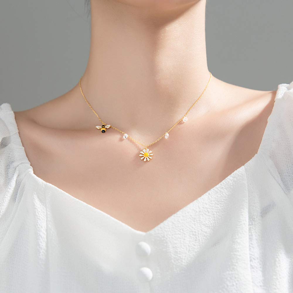 Honey Bee Daisy Flower Pendant Necklaces S925 Sterling Silver 18K Gold Plated for Women Dainty Dangling Diamond Crystal CZ Chokers Necklace Adjustable Chain Birthday