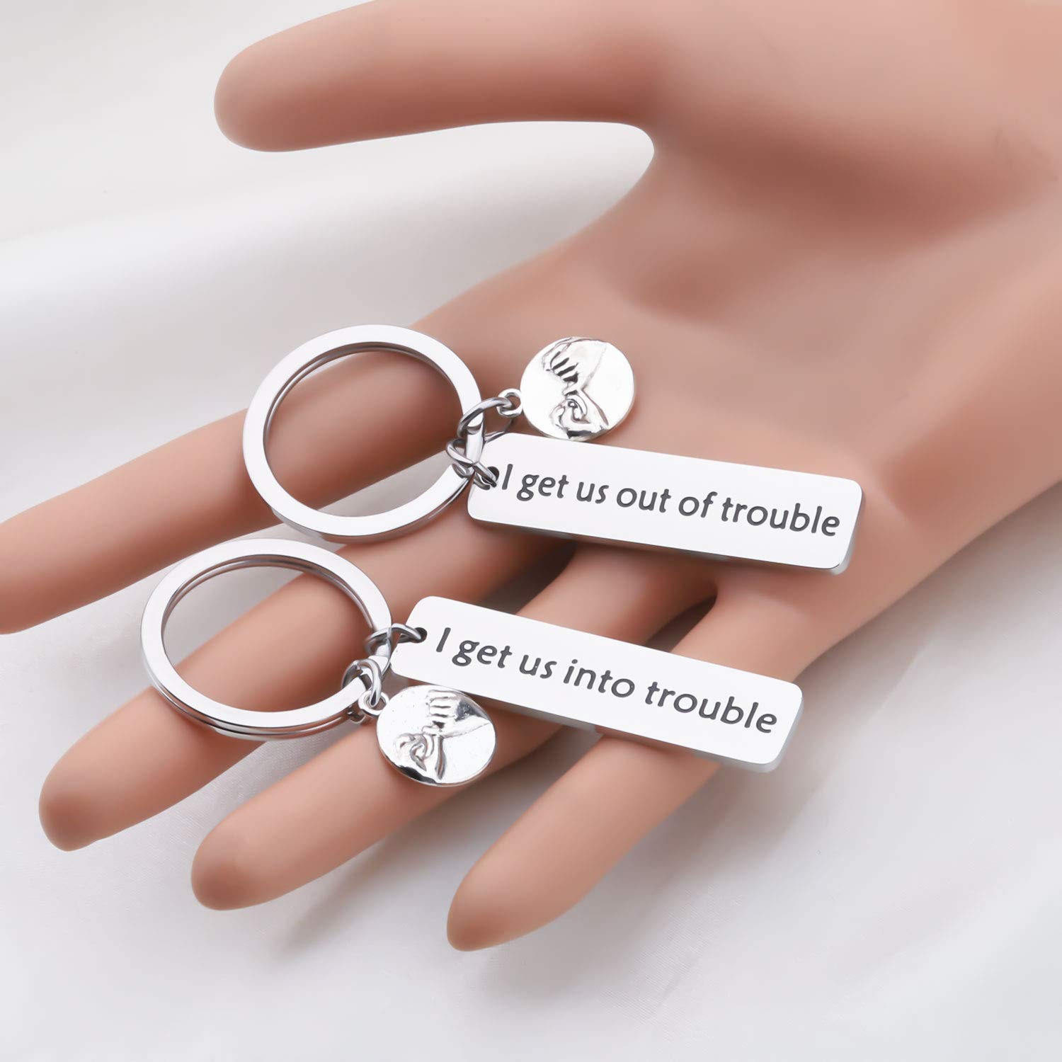 PLITI Funny Best Friend Keychain i Get Us Into Trouble i Get Us Out Of Trouble Matching Keyring Set Gift For Good Friend Siblings Troublemaker Gift Bestie Gift Friendship Jewelry (into trouble set)