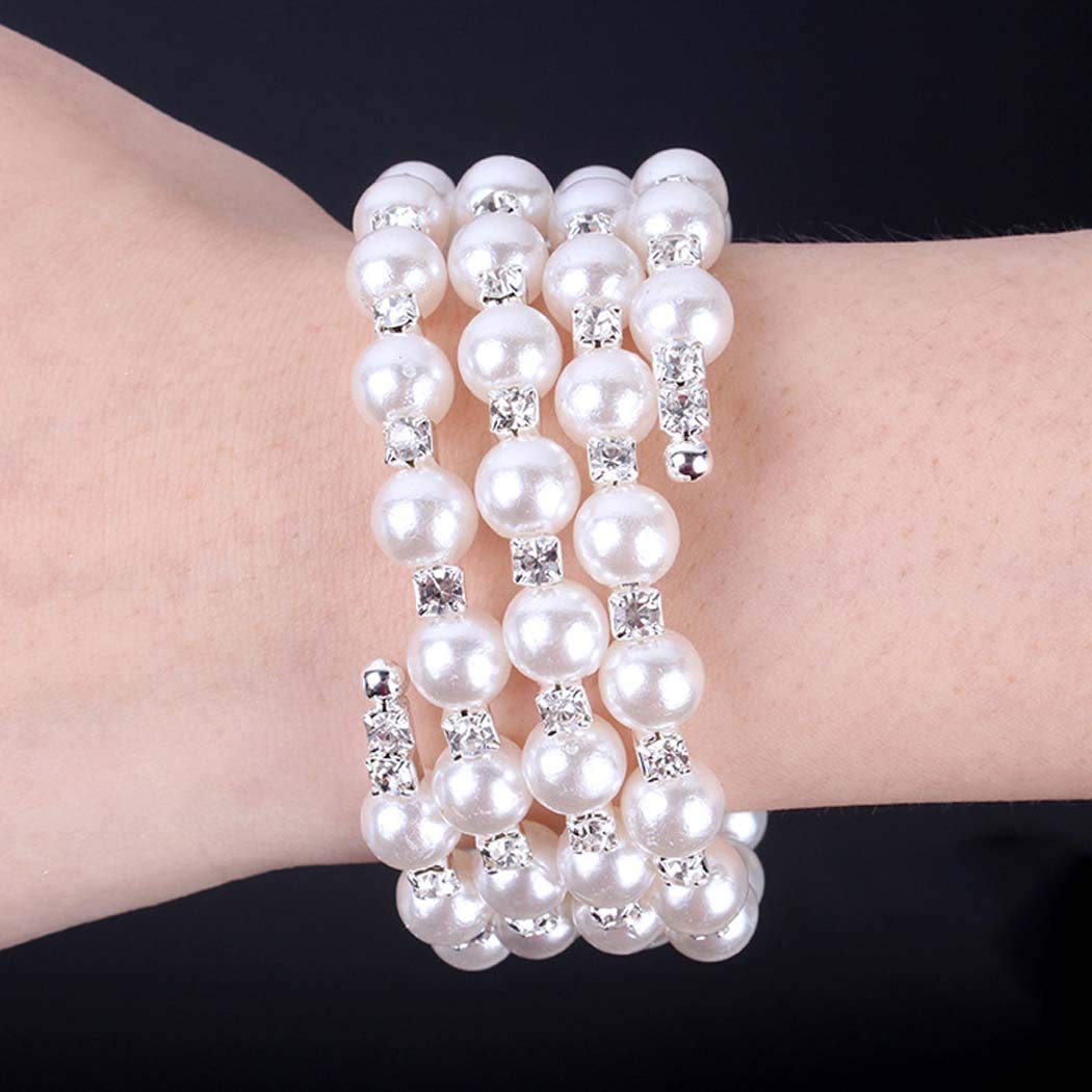 ELABEST Multi Row Pearl Bracelet Stretch Rhinestone Bracelet Bridal Body Jewelry Accessories for Women (style4)