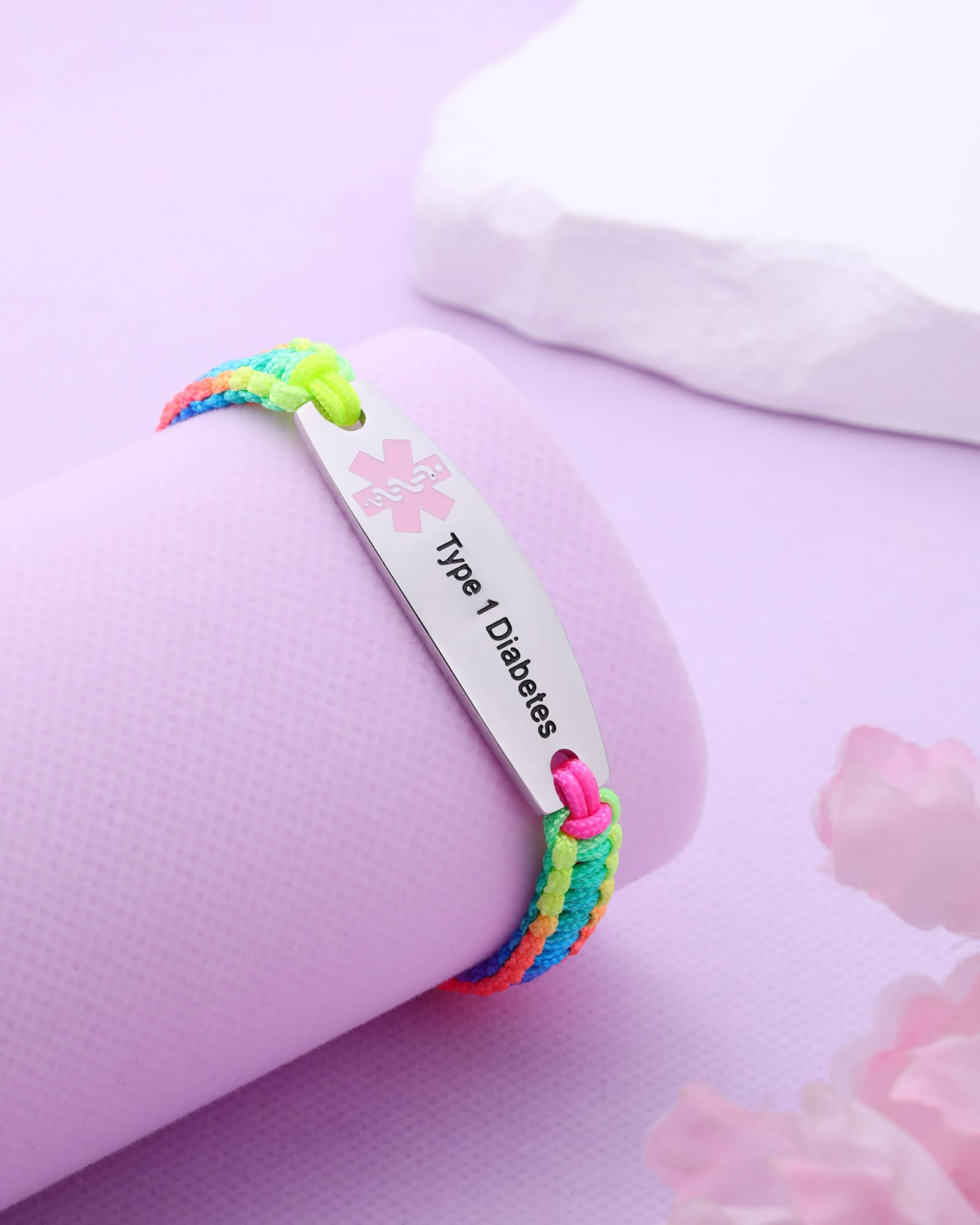 JF.JEWELRY Medical Alert Bracelets for Women, Personalized Custom Medical Bracelets for Women, Nylon Braided Medical ID Bracelets - Rainbow