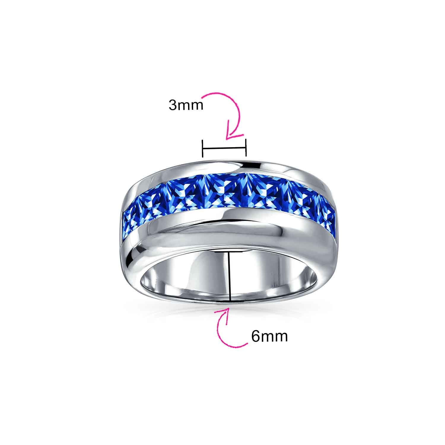 Unisex Simulated Blue Sapphire Channel Set Cubic Zirconia AAA CZ Brilliant Princess Cut Wedding Band For Men Women .925 Sterling Silver 9MM Band Ring