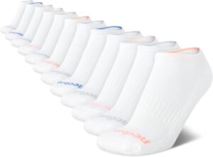 reebok women's no show athletic breathable low cut cushioned socks (12 pack), size 4-10, bright white logo