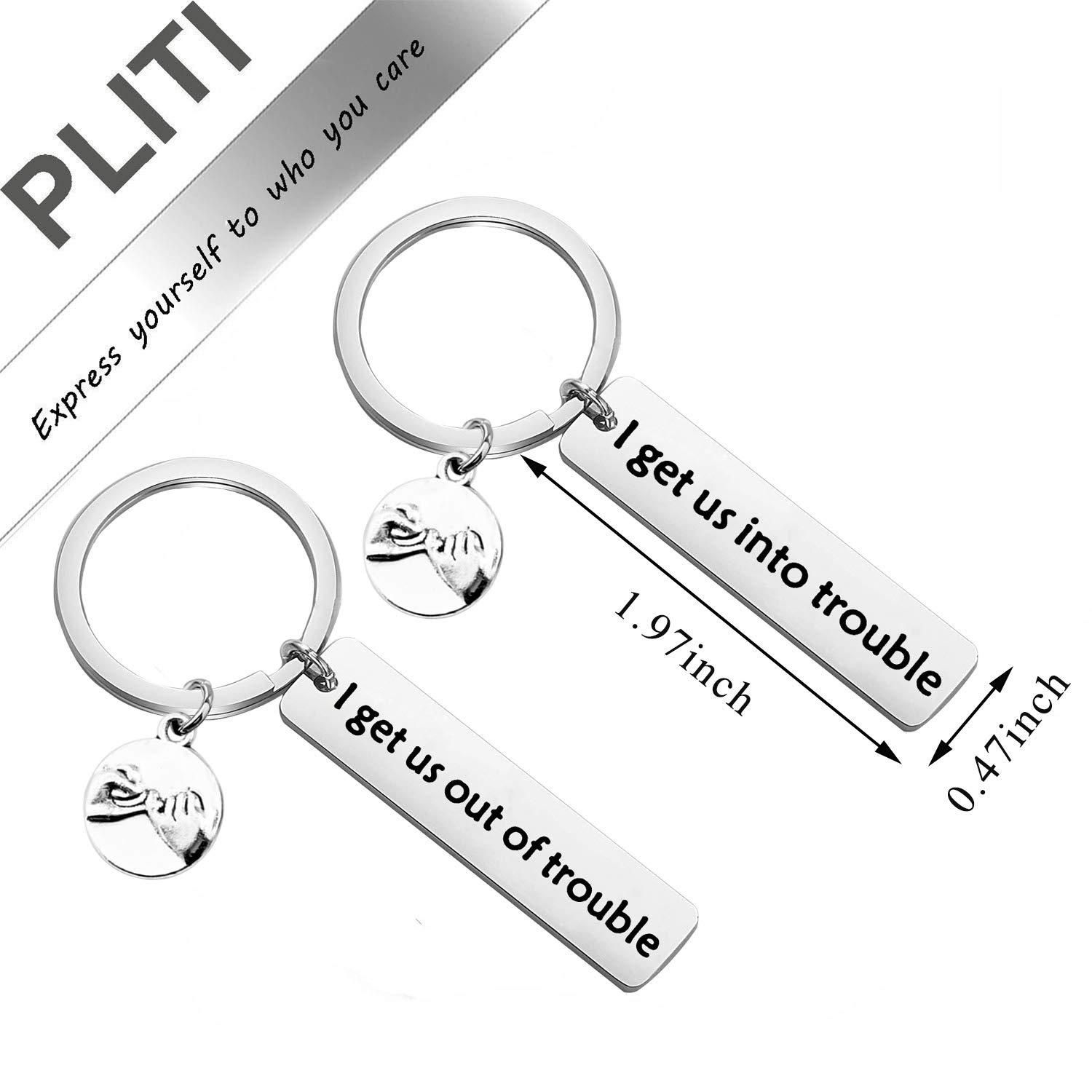 PLITI Funny Best Friend Keychain i Get Us Into Trouble i Get Us Out Of Trouble Matching Keyring Set Gift For Good Friend Siblings Troublemaker Gift Bestie Gift Friendship Jewelry (into trouble set)