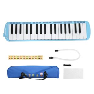 37 keys piano- melodica long tube melodica with key stickers double mouthpieces tubes carrying bag for kids beginners adults gift (blue)