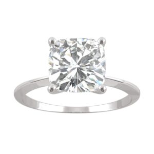 charles & colvard created moissanite 8mm cushion cut solitaire engagement ring for women | 2.4 cttw dew | lab grown | solid 14k white gold with rhodium | size 4