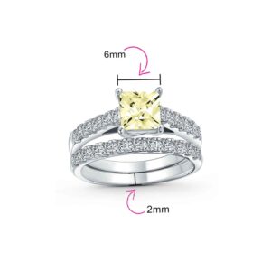 1CT Brilliant Canary Yellow Cubic Zirconia Square Princess Cut Solitaire Cathedral Setting Thin Eternity Pave Band AAA CZ Anniversary Engagement Wedding Ring Set .925 Sterling Silver