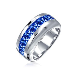 unisex simulated blue sapphire channel set cubic zirconia aaa cz brilliant princess cut wedding band for men women .925 sterling silver 9mm band ring