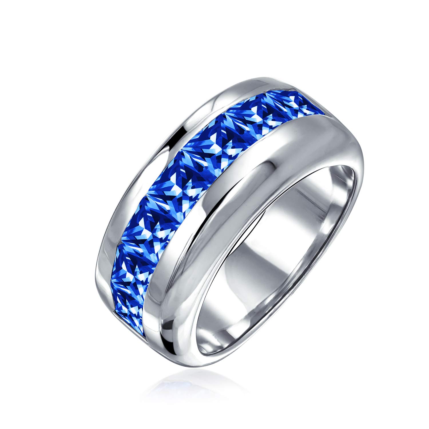 Unisex Simulated Blue Sapphire Channel Set Cubic Zirconia AAA CZ Brilliant Princess Cut Wedding Band For Men Women .925 Sterling Silver 9MM Band Ring