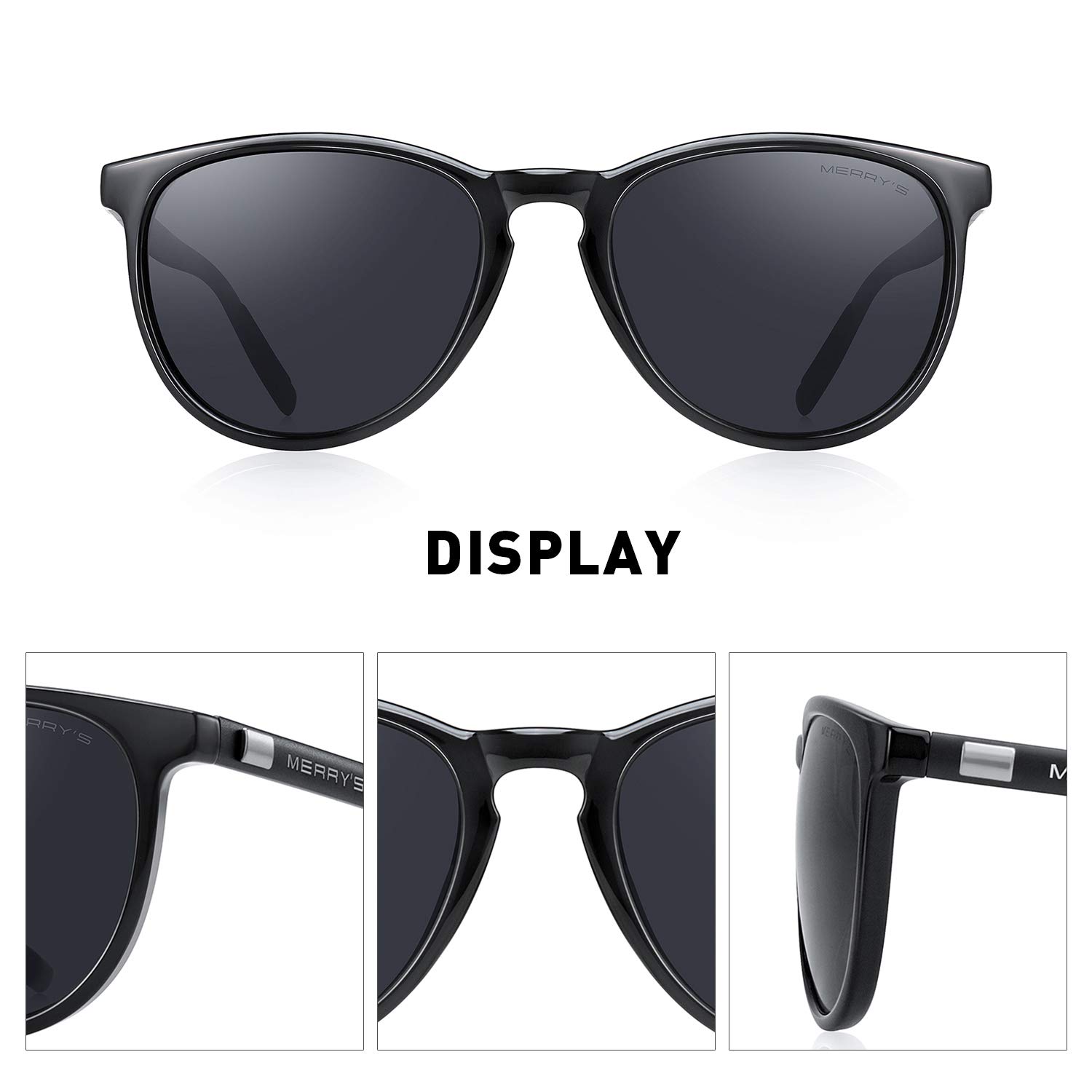 MERRY'S Polarized Sunglasses for Women Men Vintage Retro Classic Round Frame Aluminum Legs S8288 (Black&Black, 54)