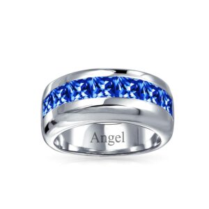 Unisex Simulated Blue Sapphire Channel Set Cubic Zirconia AAA CZ Brilliant Princess Cut Wedding Band For Men Women .925 Sterling Silver 9MM Band Ring