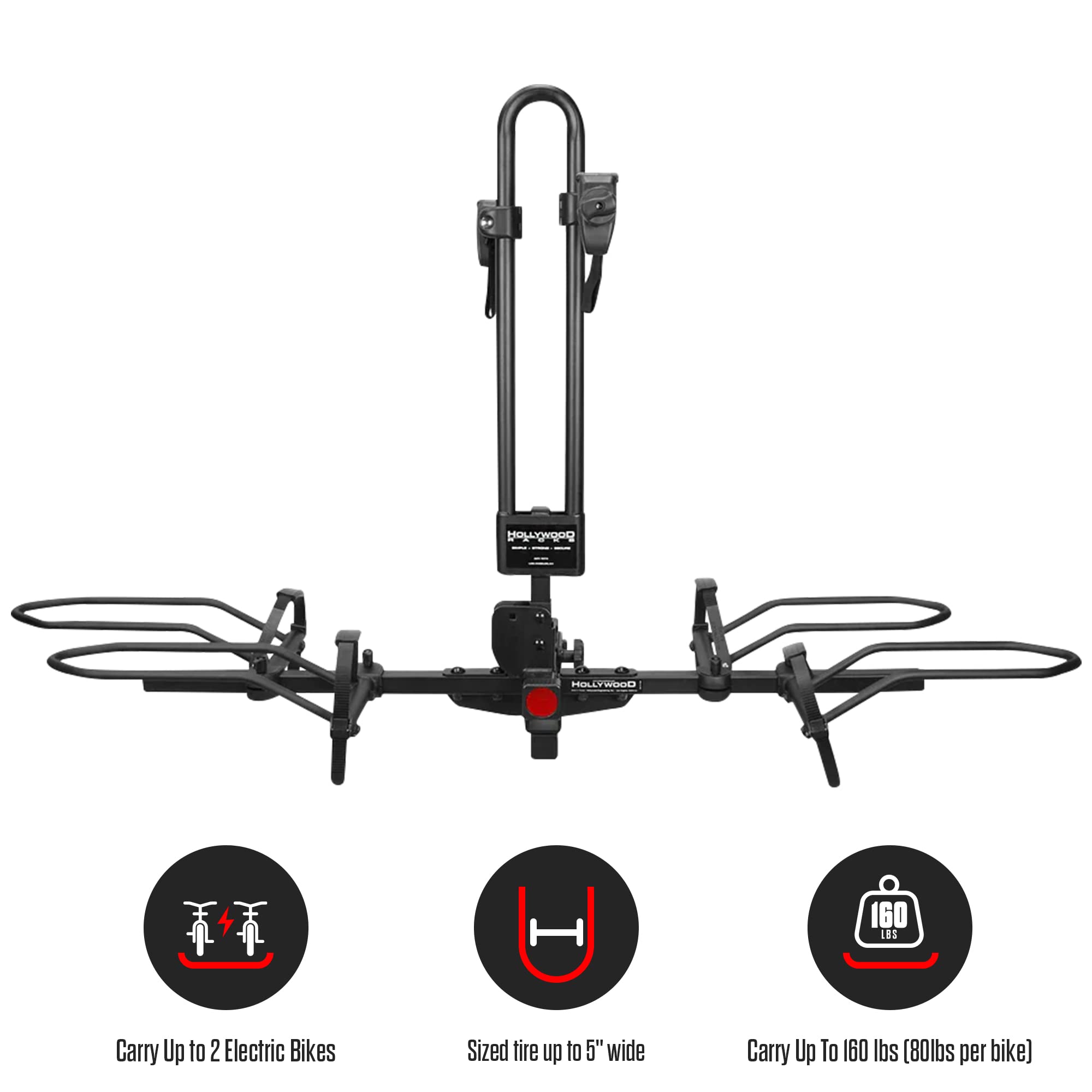 Hollywood RV Rider Hitch Bike Rack for 2 E-Bikes up to 80 lbs Each - Premium Electric Bike Rack for RV, Fifth Wheel, Flat Towed Vehicle - Durable for Standard and Fat Tire Bikes