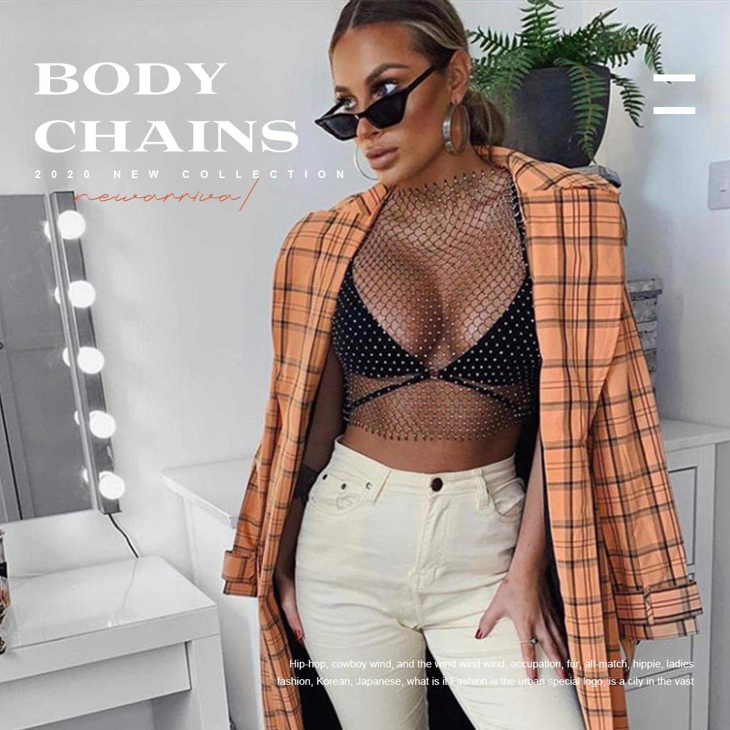 Bodiy Boho Mesh Rhinestones Body Chain Black Sexy Long Sleeve Hollow out Fishnet Crop Top Bkini Chain Jewelry Accessoires for Women and Girls