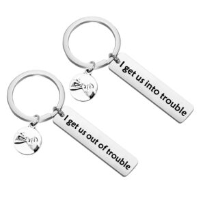 pliti funny best friend keychain i get us into trouble i get us out of trouble matching keyring set gift for good friend siblings troublemaker gift bestie gift friendship jewelry (into trouble set)