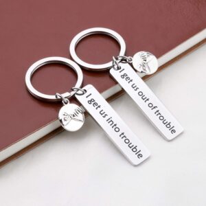 PLITI Funny Best Friend Keychain i Get Us Into Trouble i Get Us Out Of Trouble Matching Keyring Set Gift For Good Friend Siblings Troublemaker Gift Bestie Gift Friendship Jewelry (into trouble set)