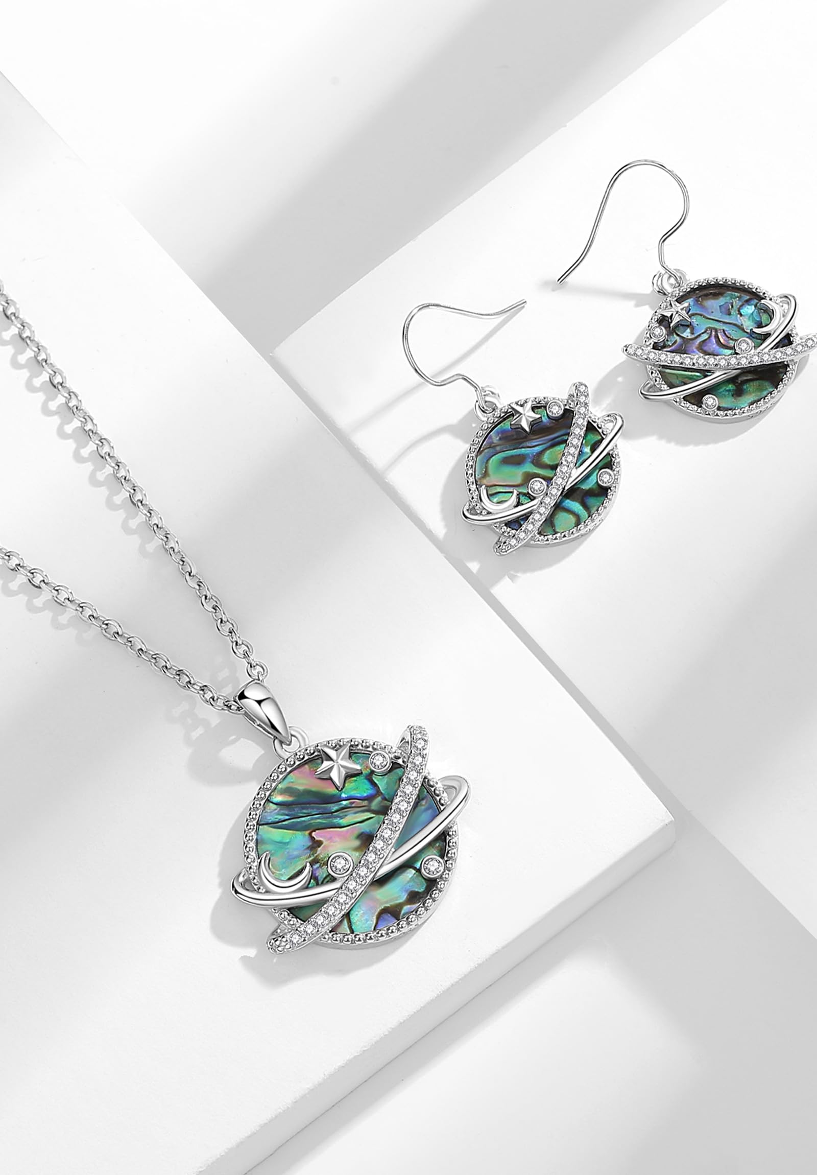 INFUSEU Abalone Moon Star Necklace Sterling Silver Pendant Women Space Planet Celestial Jewelry for Teen Teenager Universe Galaxy Cute Graduation Gifts Astronomy Lovers