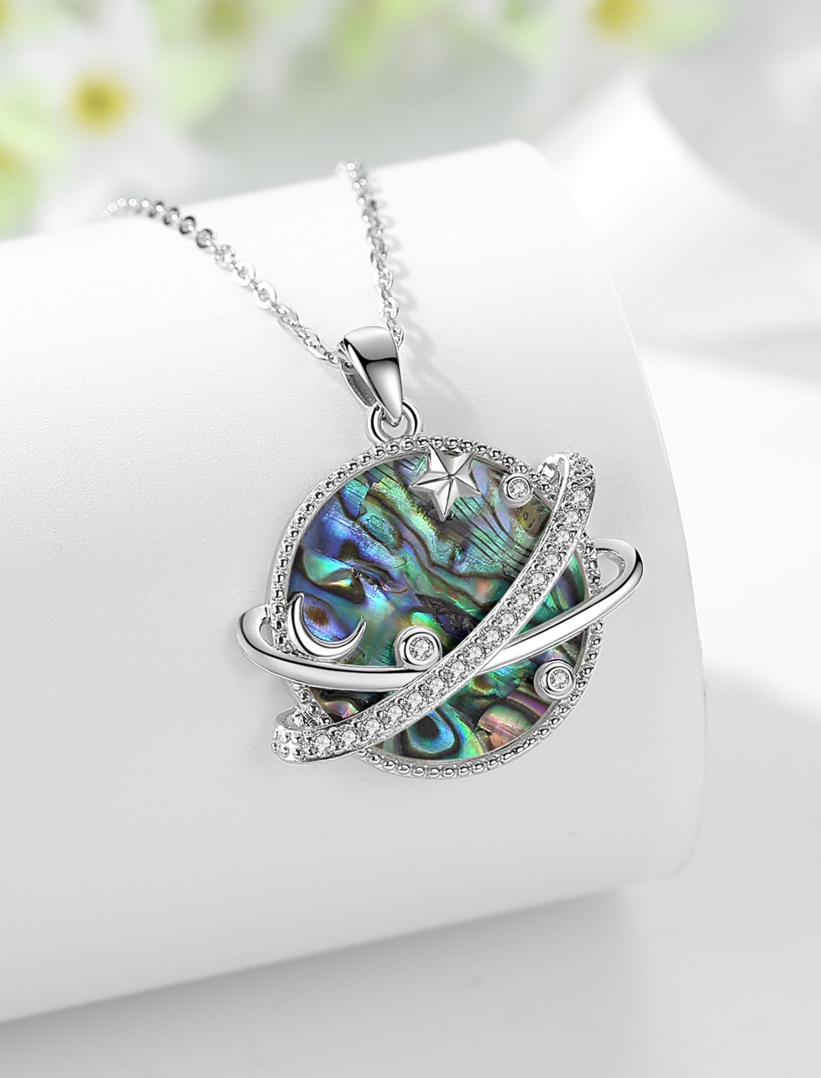 INFUSEU Abalone Moon Star Necklace Sterling Silver Pendant Women Space Planet Celestial Jewelry for Teen Teenager Universe Galaxy Cute Graduation Gifts Astronomy Lovers