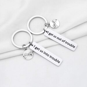 PLITI Funny Best Friend Keychain i Get Us Into Trouble i Get Us Out Of Trouble Matching Keyring Set Gift For Good Friend Siblings Troublemaker Gift Bestie Gift Friendship Jewelry (into trouble set)