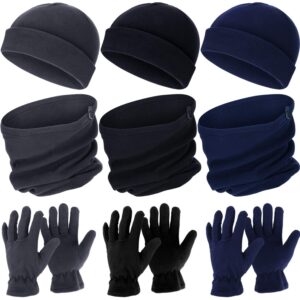 9 pieces mens hat neck warmer and gloves set thermal fleece beanies scarves gloves for man winter warm supplies(multiple color)