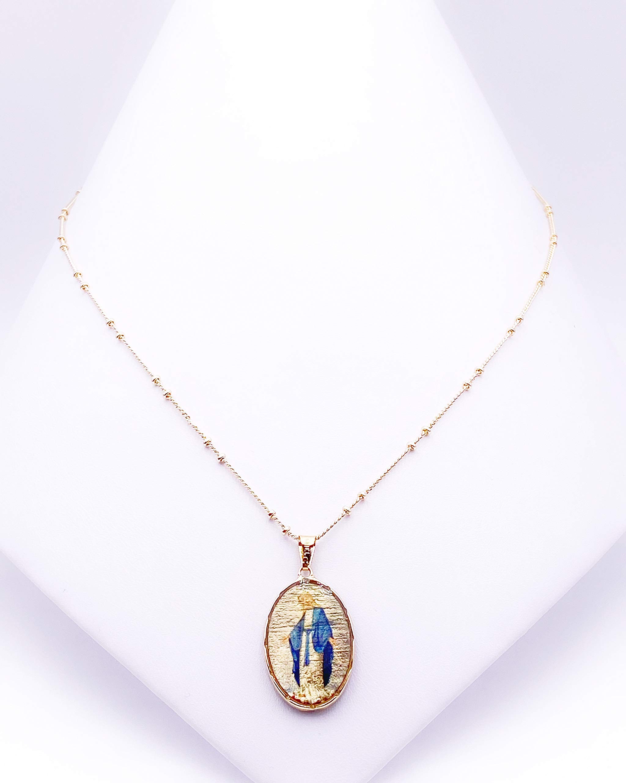 LESLIE BOULES Virgen La Milagrosa Pendant Necklace 18K Gold Plated Chain 18 Inches Length