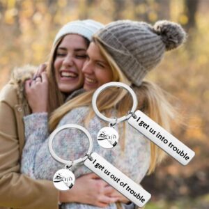 PLITI Funny Best Friend Keychain i Get Us Into Trouble i Get Us Out Of Trouble Matching Keyring Set Gift For Good Friend Siblings Troublemaker Gift Bestie Gift Friendship Jewelry (into trouble set)