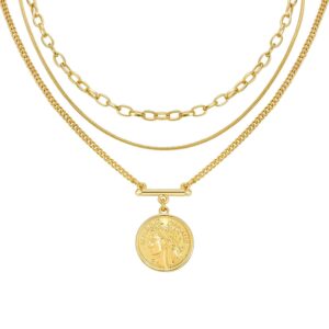 lane woods 18k gold plated necklaces for women - multilayer coin medallion pendant necklace adjustable layering choker necklaces chain set jewelry