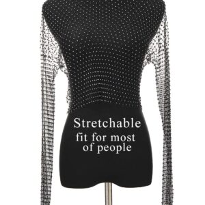 Bodiy Boho Mesh Rhinestones Body Chain Black Sexy Long Sleeve Hollow out Fishnet Crop Top Bkini Chain Jewelry Accessoires for Women and Girls