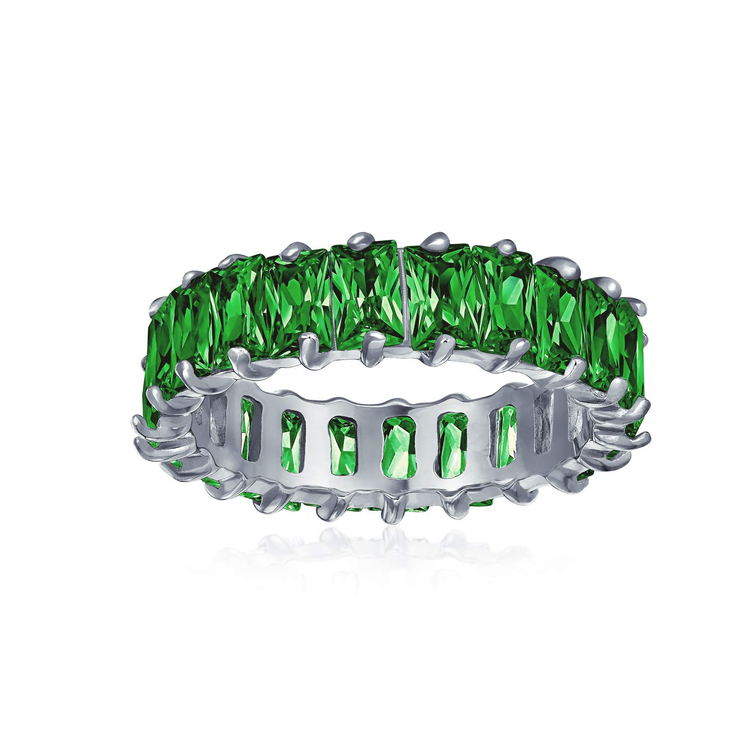 Art Deco Style AAA CZ Simulated Green Emerald Cut Cubic Zirconia Eternity Baguette Anniversary Wedding Band Ring For Women .925 Sterling Silver 4MM