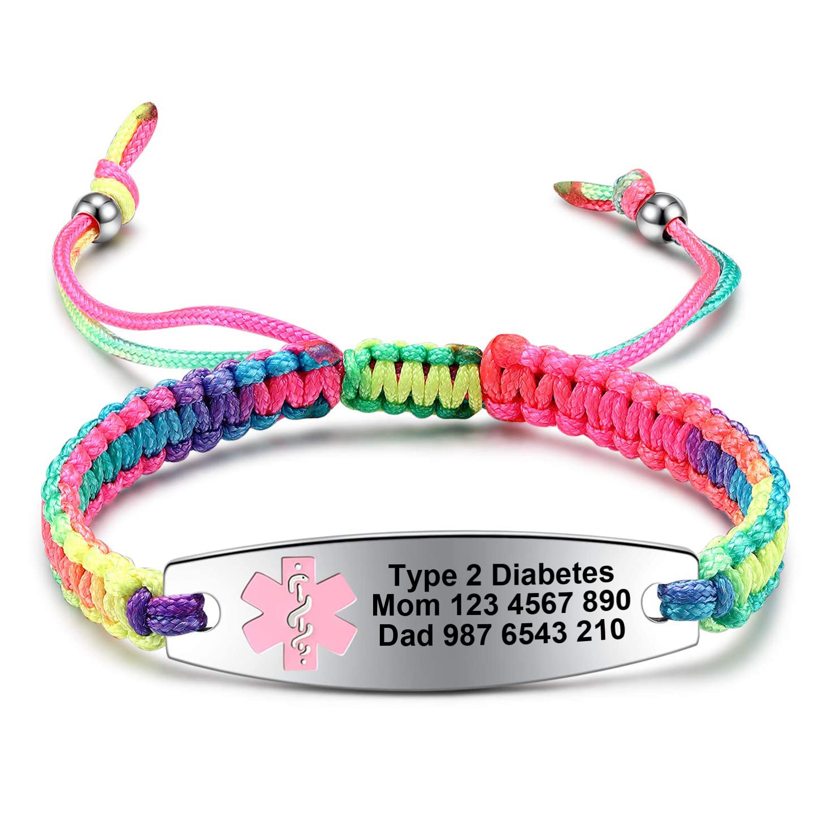 JF.JEWELRY Medical Alert Bracelets for Women, Personalized Custom Medical Bracelets for Women, Nylon Braided Medical ID Bracelets - Rainbow