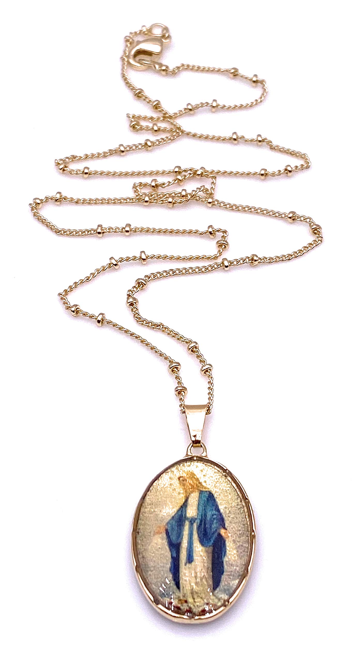 LESLIE BOULES Virgen La Milagrosa Pendant Necklace 18K Gold Plated Chain 18 Inches Length