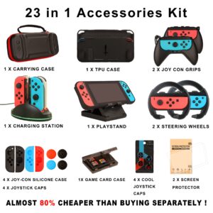 Switch Accessories Bundle for Nintendo Switch: Carrying Case, Screen Protector, Joycon Grips, Steering Wheels, Charging Dock, Playstand, Comfort Joy-Con Case and More (23 in 1)