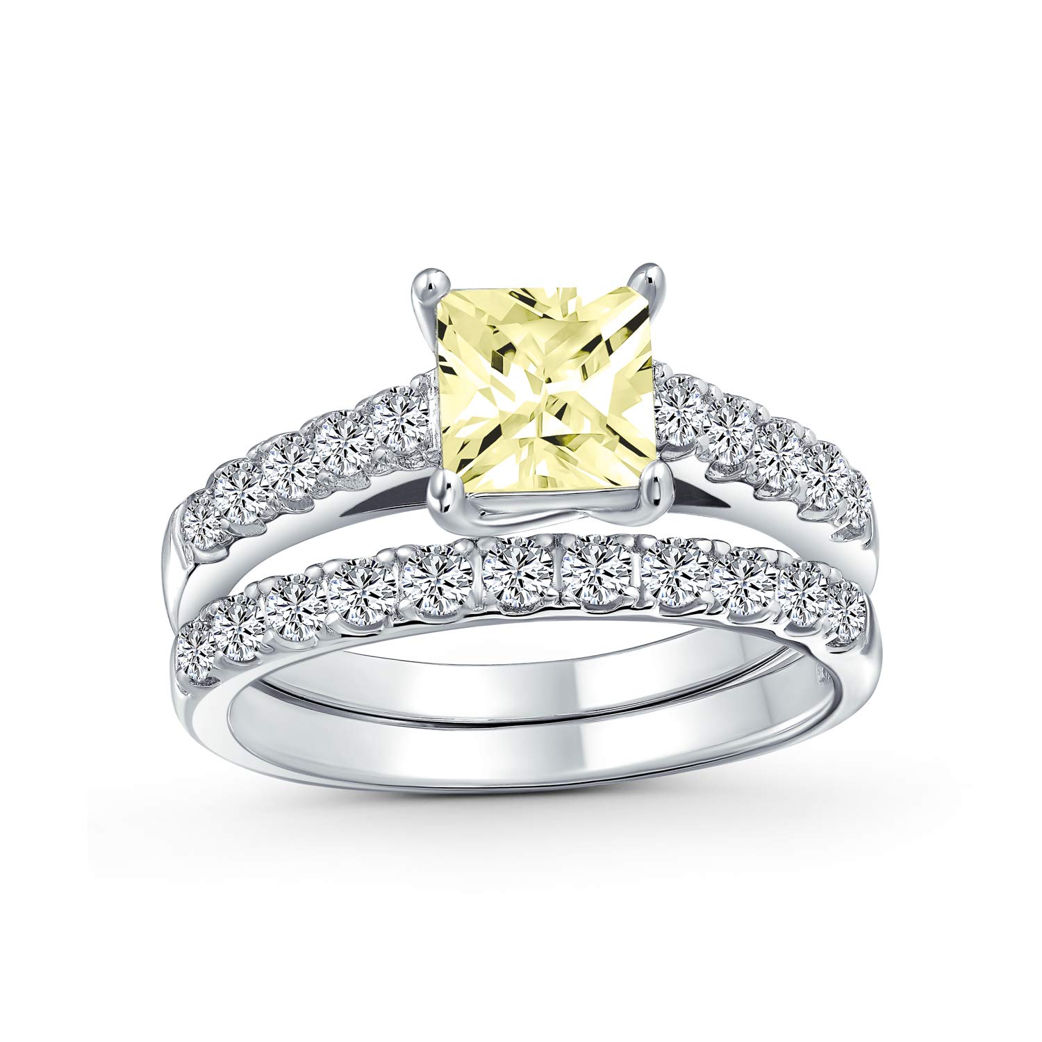 1CT Brilliant Canary Yellow Cubic Zirconia Square Princess Cut Solitaire Cathedral Setting Thin Eternity Pave Band AAA CZ Anniversary Engagement Wedding Ring Set .925 Sterling Silver