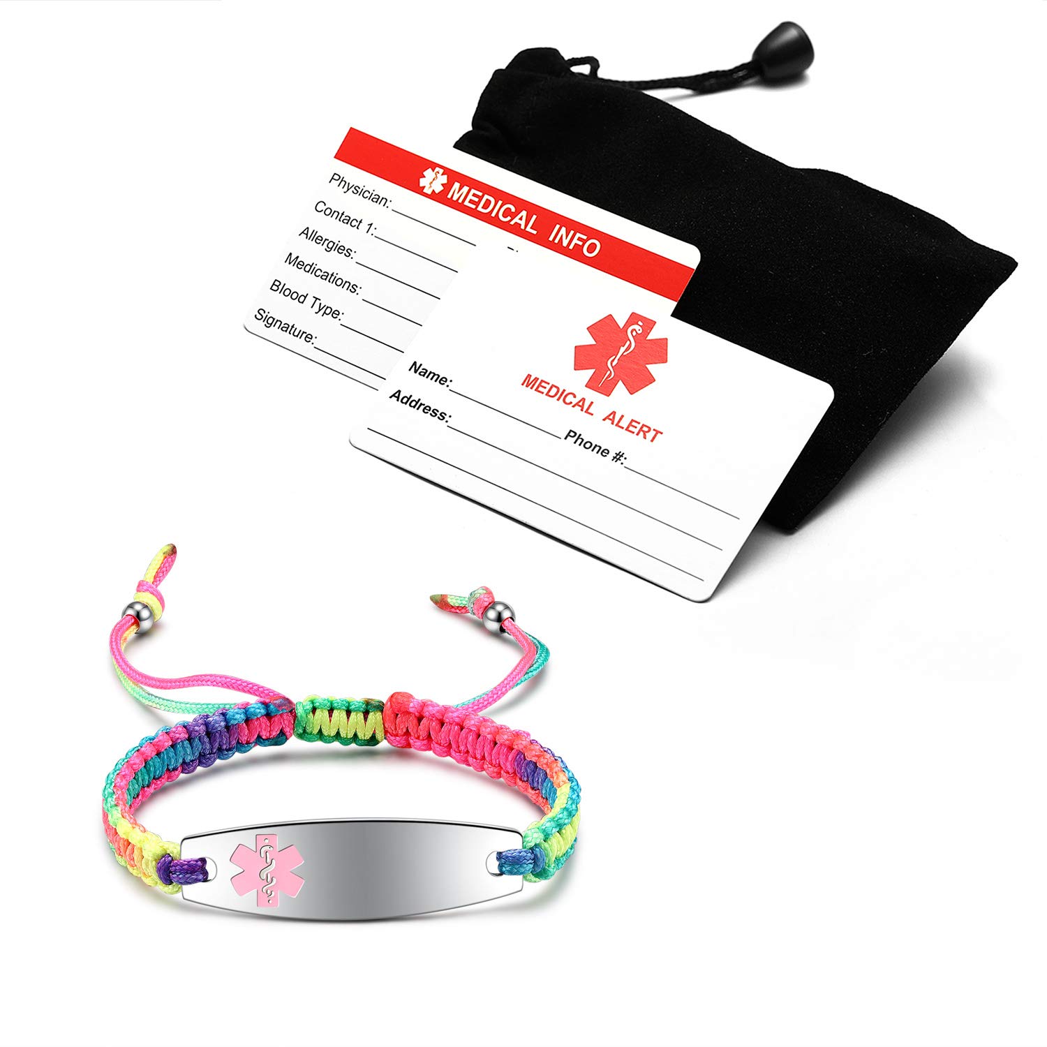 JF.JEWELRY Medical Alert Bracelets for Women, Personalized Custom Medical Bracelets for Women, Nylon Braided Medical ID Bracelets - Rainbow