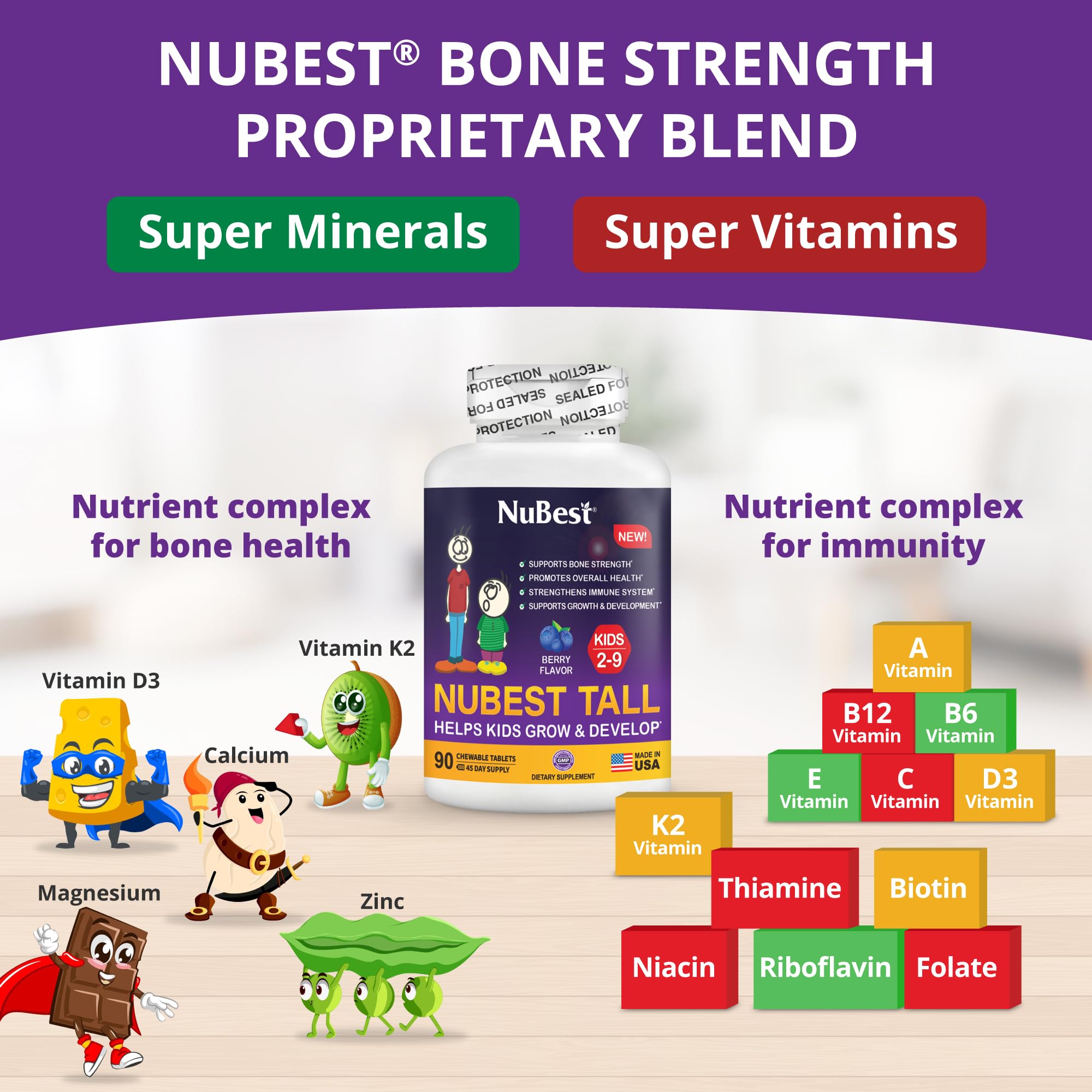 NuBest Tall Kids - Toddlers Vitamins and Kids Vitamins for Age 2 to 9 - Healthy Height Growth & Height Booster with Multivitamins & Minerals for Kids Ages 2 to 9 | 90 Chewable Tablets | 6 Pack