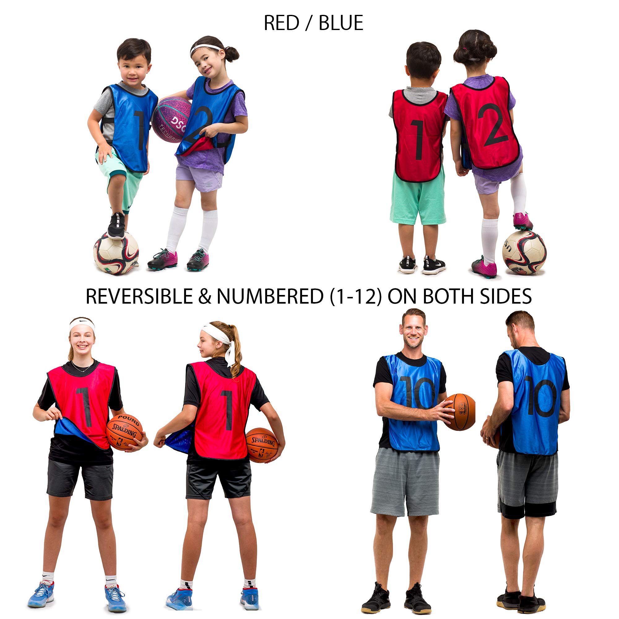 LVL10 Sports Pinnies - Reversible Numbered Practice Vest Pennies for Soccer, Basketball Scrimmages - Adults Kids (Large, 12 Pack (1-12), Red/Blue)