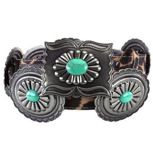 ariat ladies belt, brown leopard strap, antique silver oval conchos with turquoise, rectangle buckle, medium