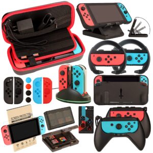 switch accessories bundle for nintendo switch: carrying case, screen protector, joycon grips, steering wheels, charging dock, playstand, comfort joy-con case and more (23 in 1)