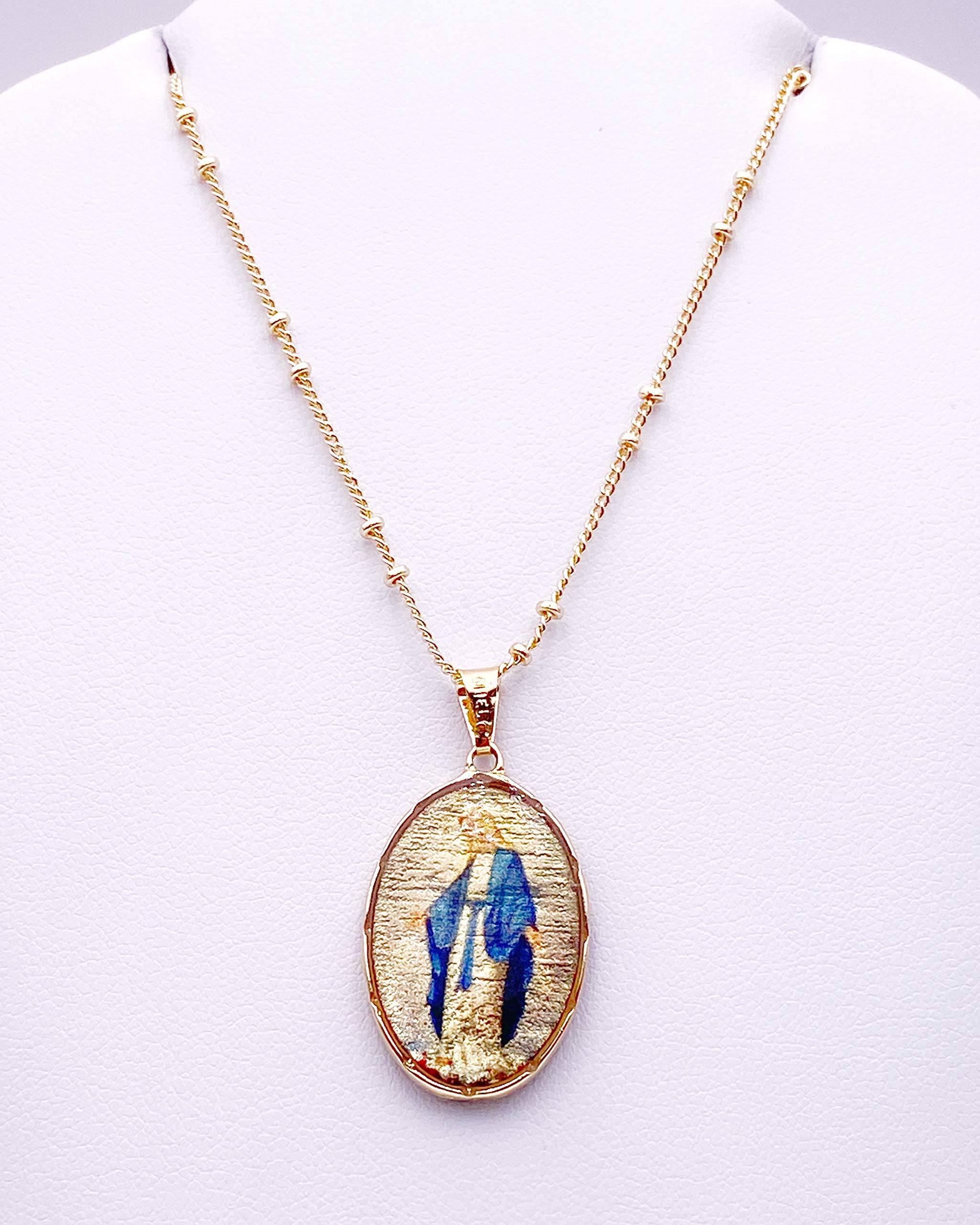 LESLIE BOULES Virgen La Milagrosa Pendant Necklace 18K Gold Plated Chain 18 Inches Length