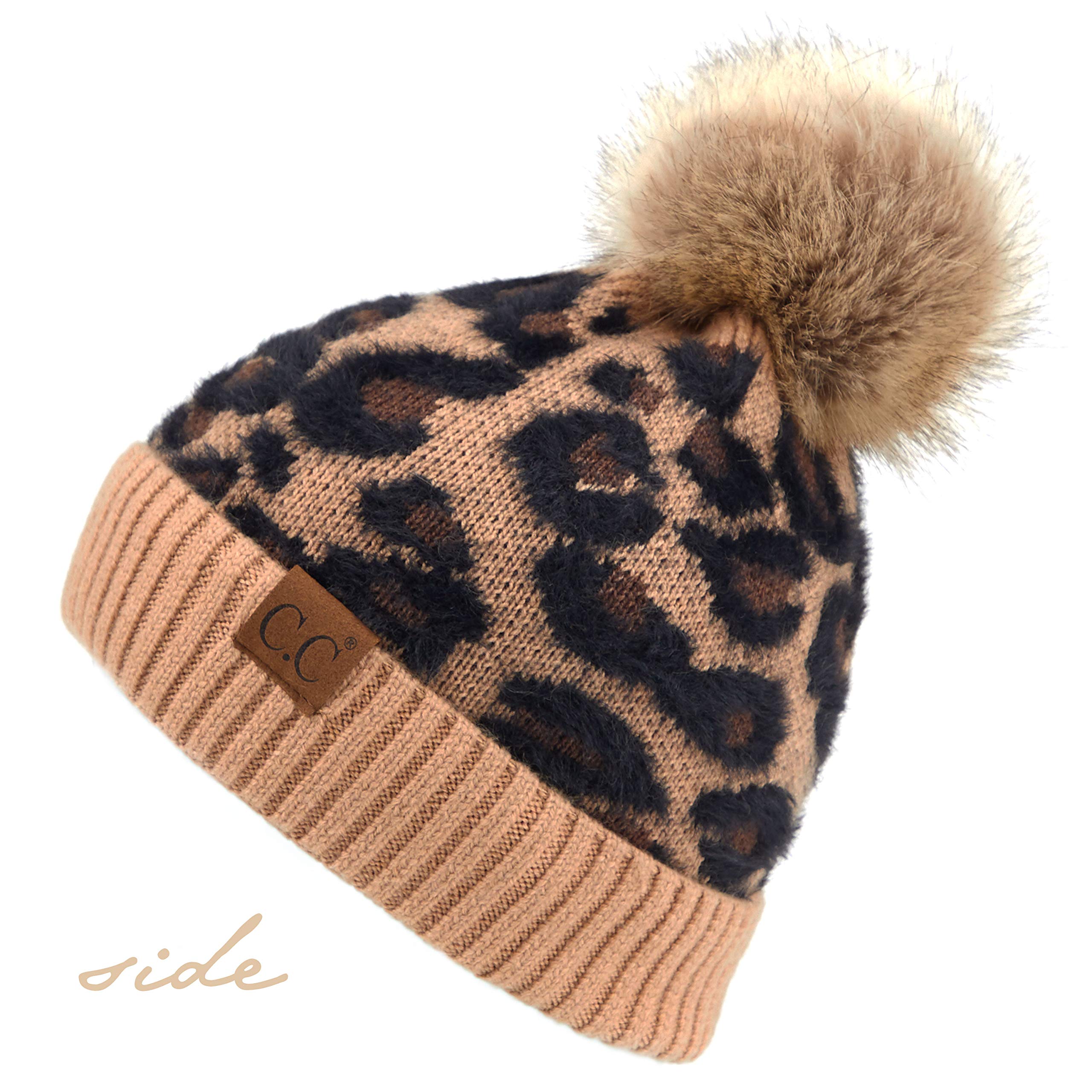 C.C Exclusives Soft Beanie hat with Leopard Pattern and Fur Pom, a Rubber Band Included (HAT-2061)(LATTE)