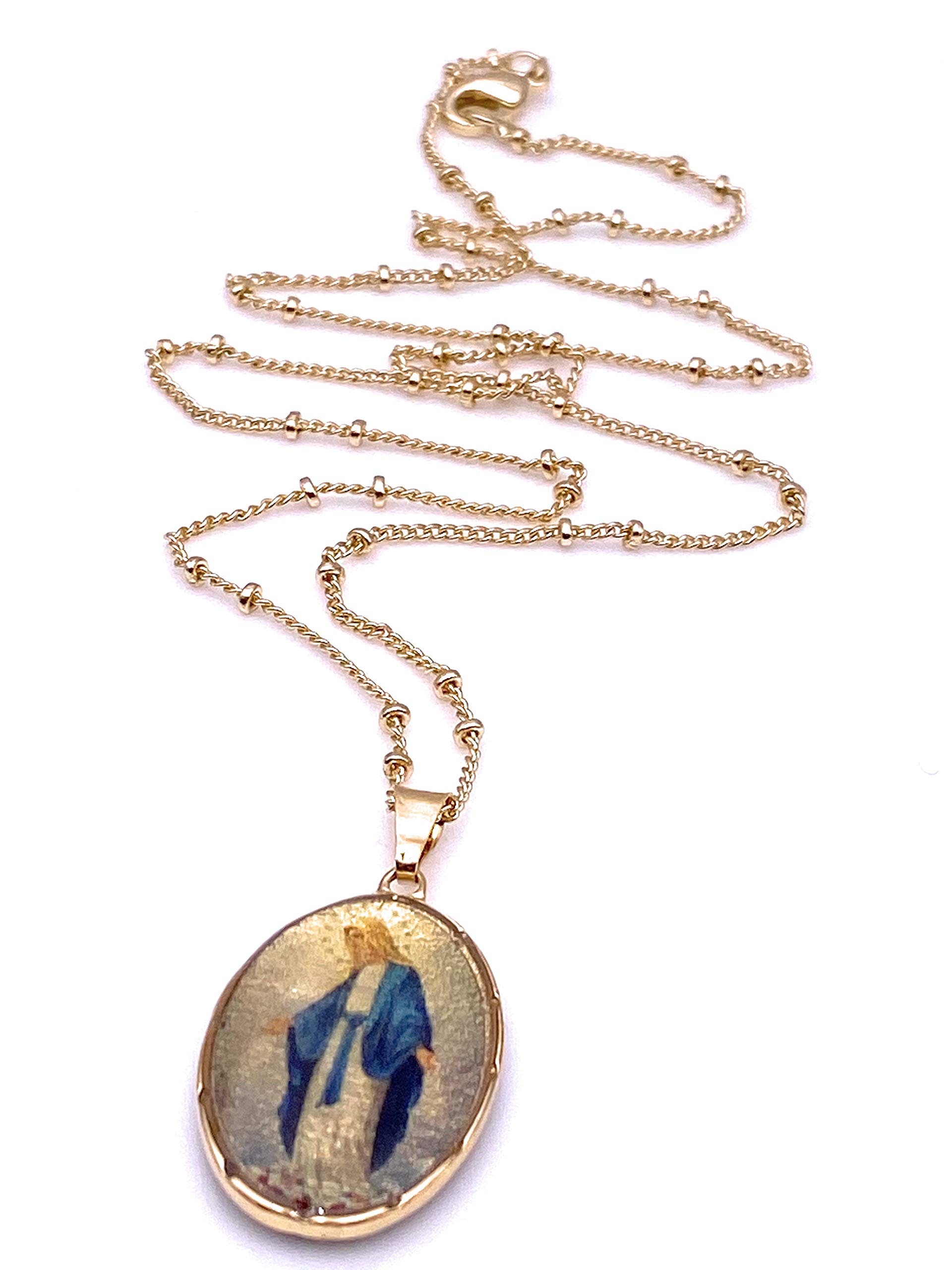 LESLIE BOULES Virgen La Milagrosa Pendant Necklace 18K Gold Plated Chain 18 Inches Length